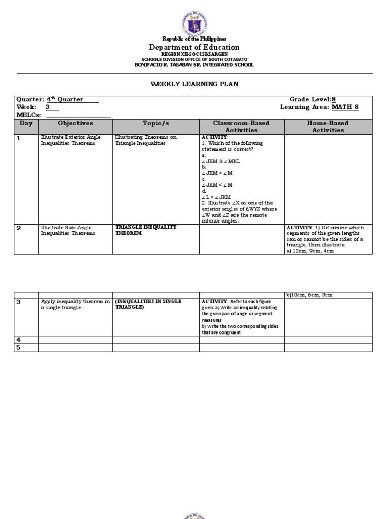 Weekly Learning Plan MATH 8 | PDF | Triangle | Elementary Mathematics