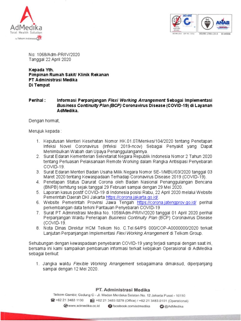 Surat Pemberitahuan BCP Terkait Covid-19 - 250420 | PDF