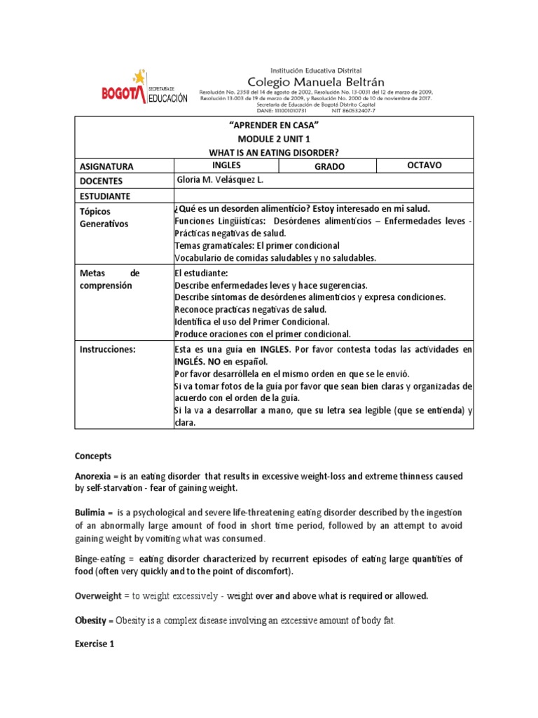 Grado Octavo Guia Modulo 2 Unit 1 Gloria M Velasquez L | PDF | Eating Disorder | Nutrition