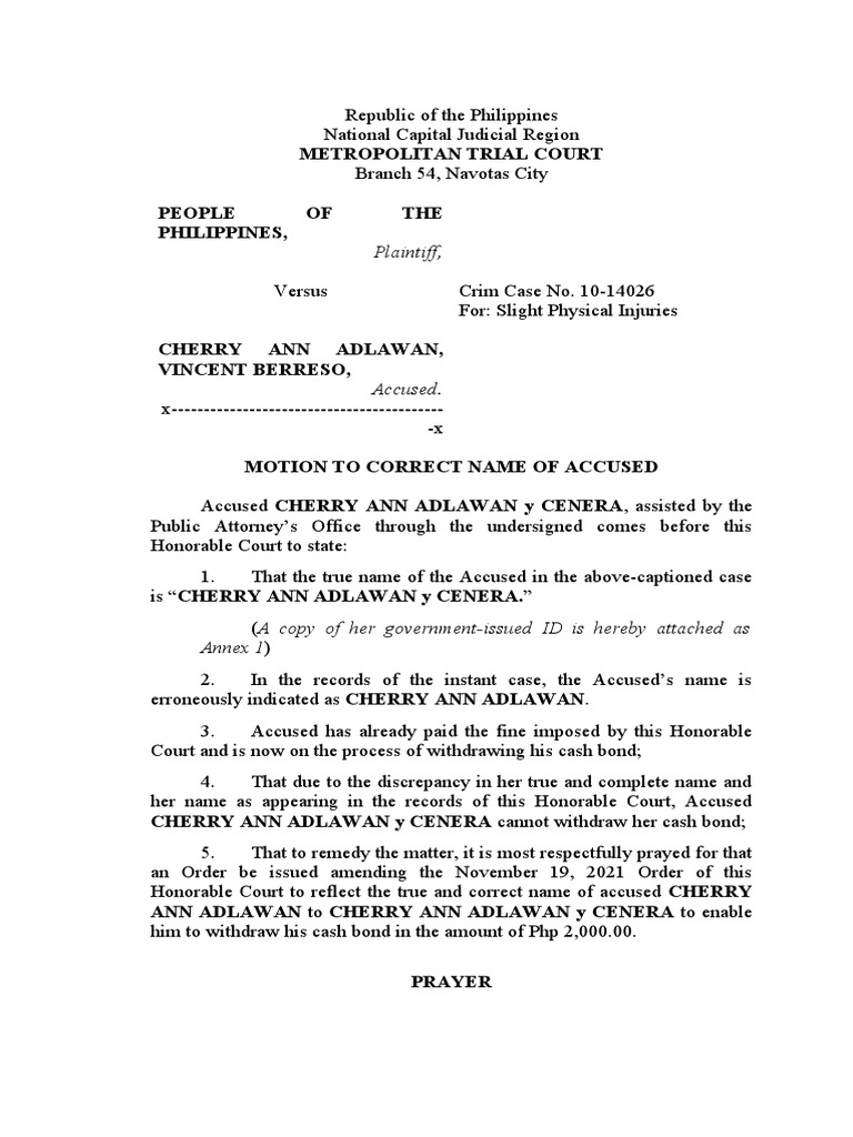 Motion To Correct Name of Accused | PDF | Legal Procedure | Government ...