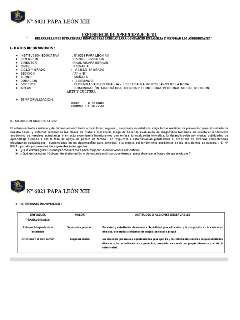 Unidad o EXPERIENCIA DE APRENDIZAJE N 4 | PDF | Aprendizaje | Evaluación Unidad o EXPERIENCIA DE APRENDIZAJE N 4 | PDF | Aprendizaje | Evaluación