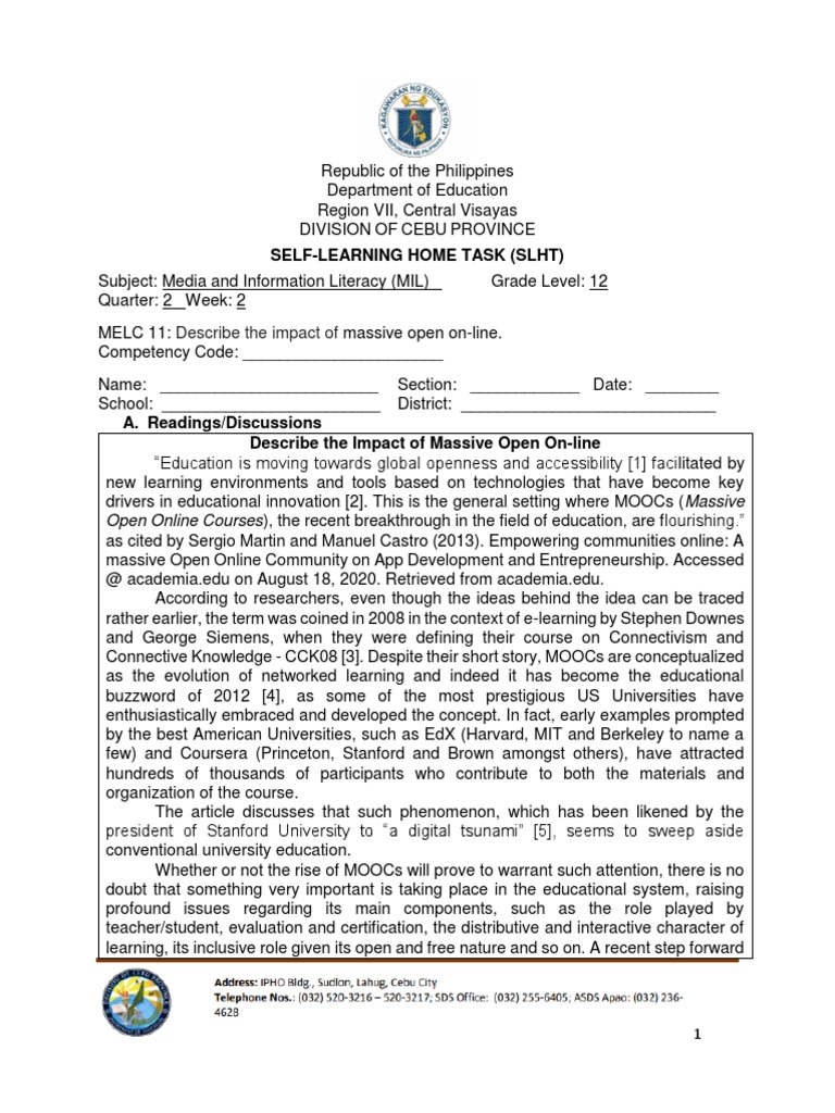 Self-Learning Home Task (SLHT) : Describe The Impact of | PDF | Massive ...