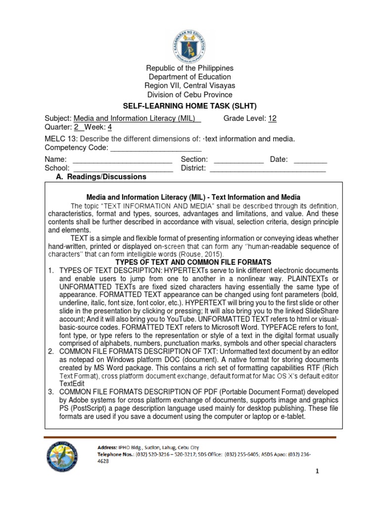 MIL 11 or 12 SLHT Quarter 2 Week 4 Edited by Cebu Province | PDF | Typefaces | File Format