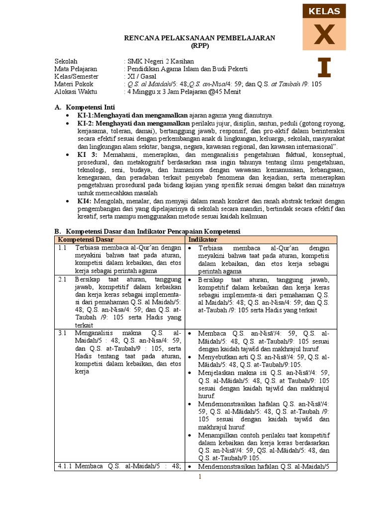 RPP K13 Kelas XI - Gasal - 1. Taat Pada Aturan Kompetisi Dan Etos Kerja ...