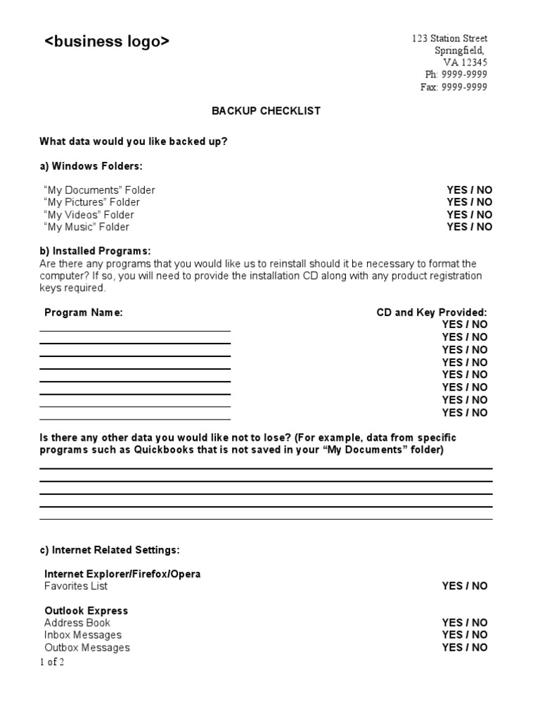 Backup Checklist | PDF