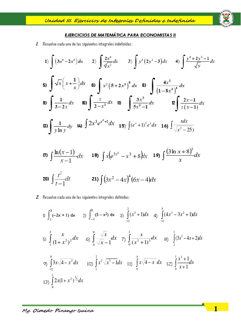 Ejercicios de Integrales Definidas e Indefinida | PDF | Conceptos ...