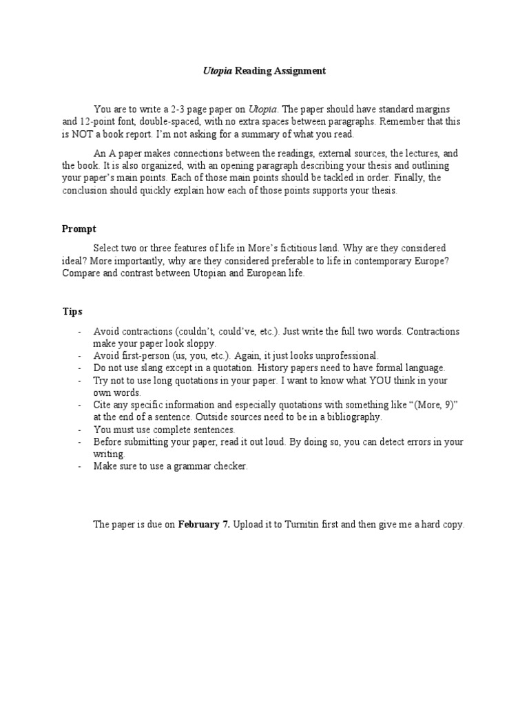 Utopia Reading Assignment | PDF
