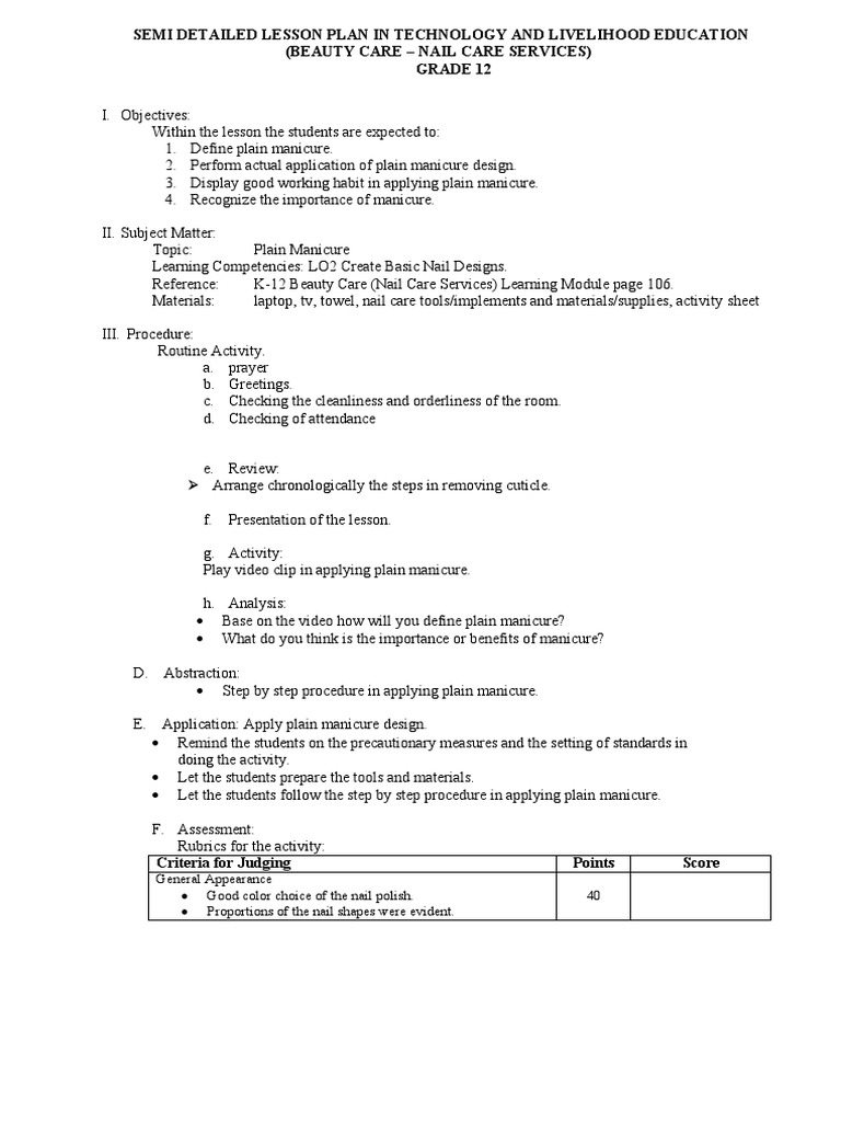SEMI-Detailed Lessson Plan in Nail care | PDF | Lesson Plan | Rubric ...