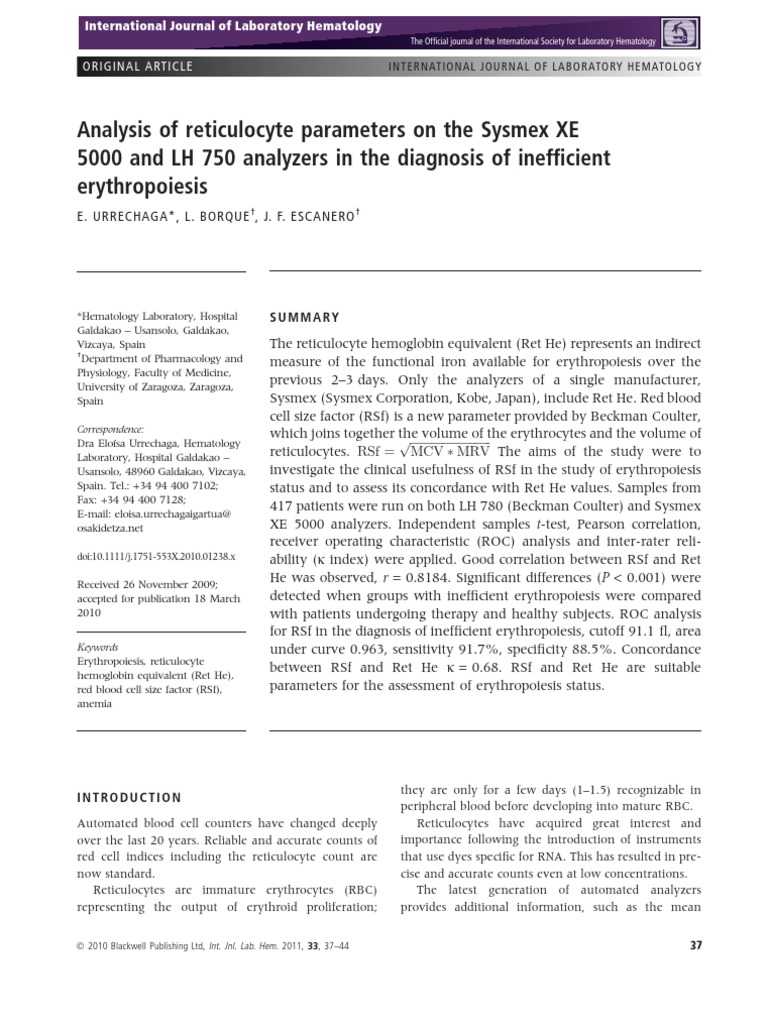 012 Analysis of Reticulocyte Parameters On The Sysmex XE | PDF | Anemia ...