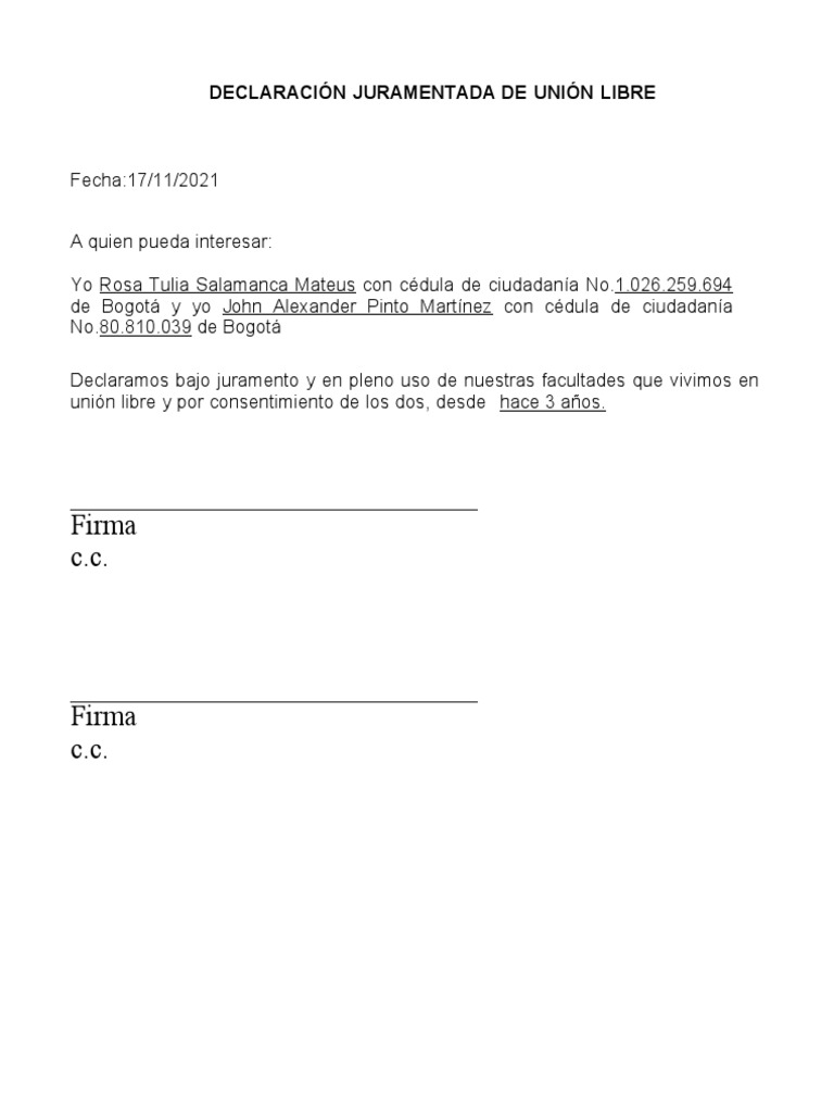 Declaracion Juramentada de Union Libre | PDF
