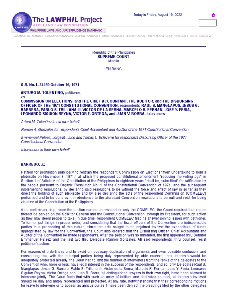 Supreme Court Ruling on Plebiscite to Lower Voting Age to 18 as Proposed by 1971 Constitutional ...