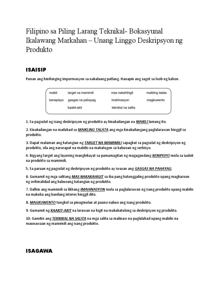Filipino Sa Piling Larang Teknikal-Bokasyunal Ikalawang Markahan - Unang Linggo Deskripsyon NG ...