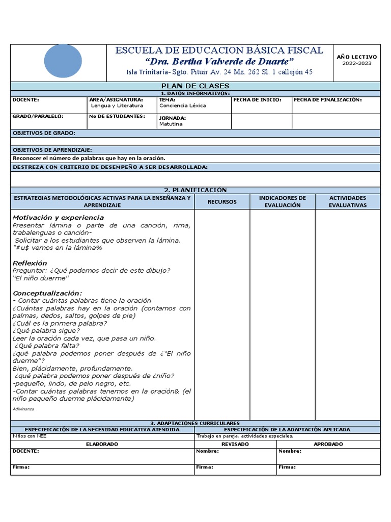 Formato de Plan de Clases | PDF | Educación primaria | Ciencia cognitiva