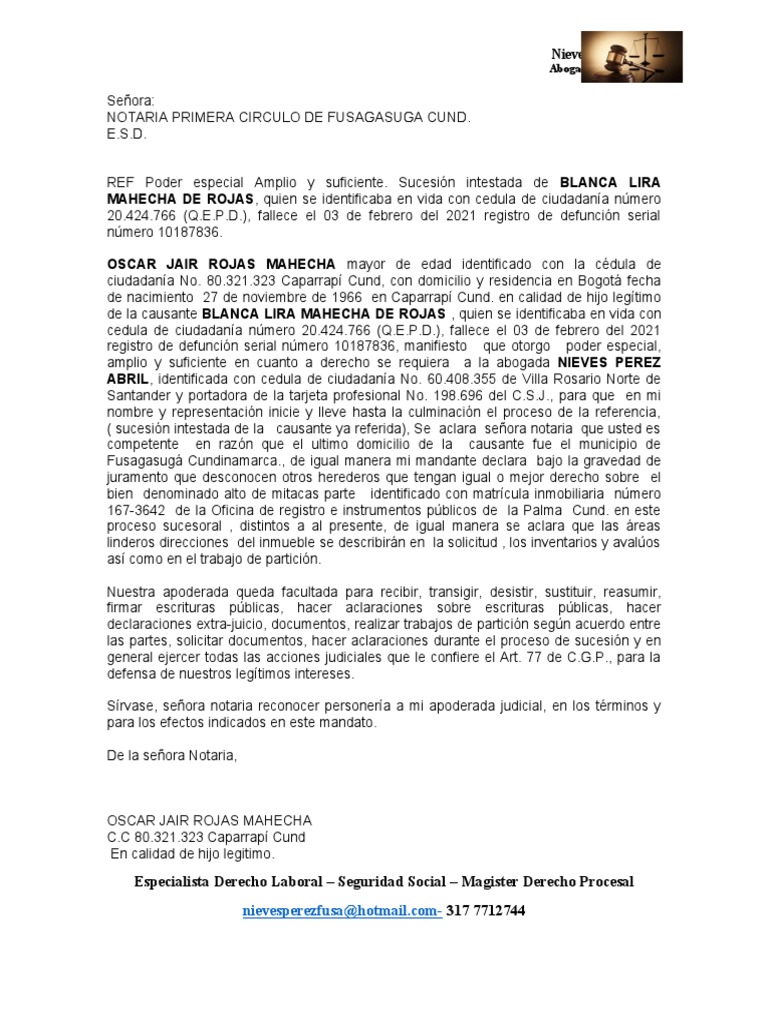 Poder Sucesion OSCAR JAIR ROJAS MAHECHA | PDF | Gobierno | Justicia