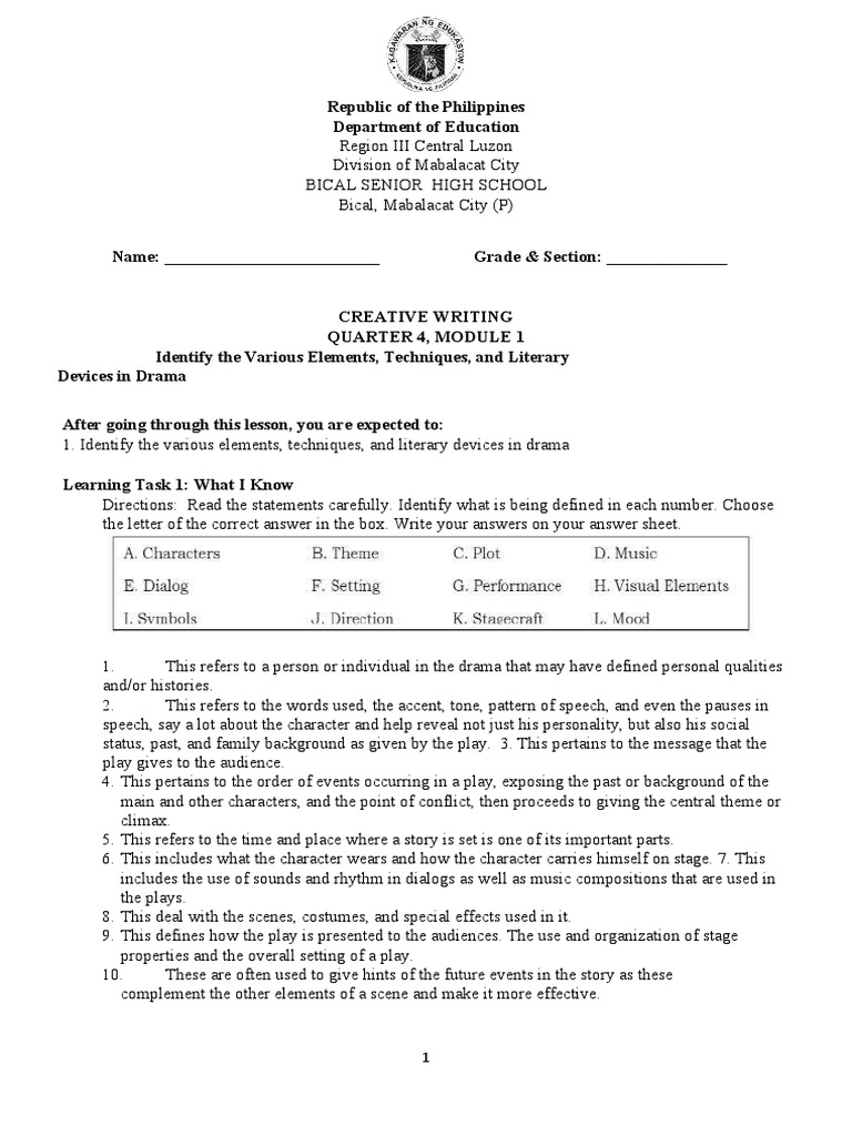 Q4 Module 1 Creative Writing | PDF | Plot (Narrative) | Play (Theatre)