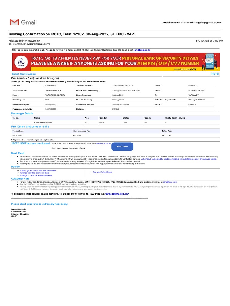 Booking Confirmation On IRCTC, Train 12962, 30-Aug-2022, SL, BRC - VAPI | PDF | Debit Card ...