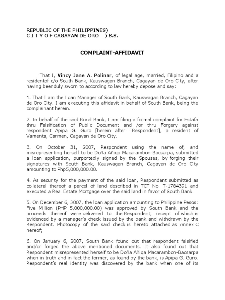 Affdvt Complaint Estafa Thru Falsification of Commercial Docs | PDF ...