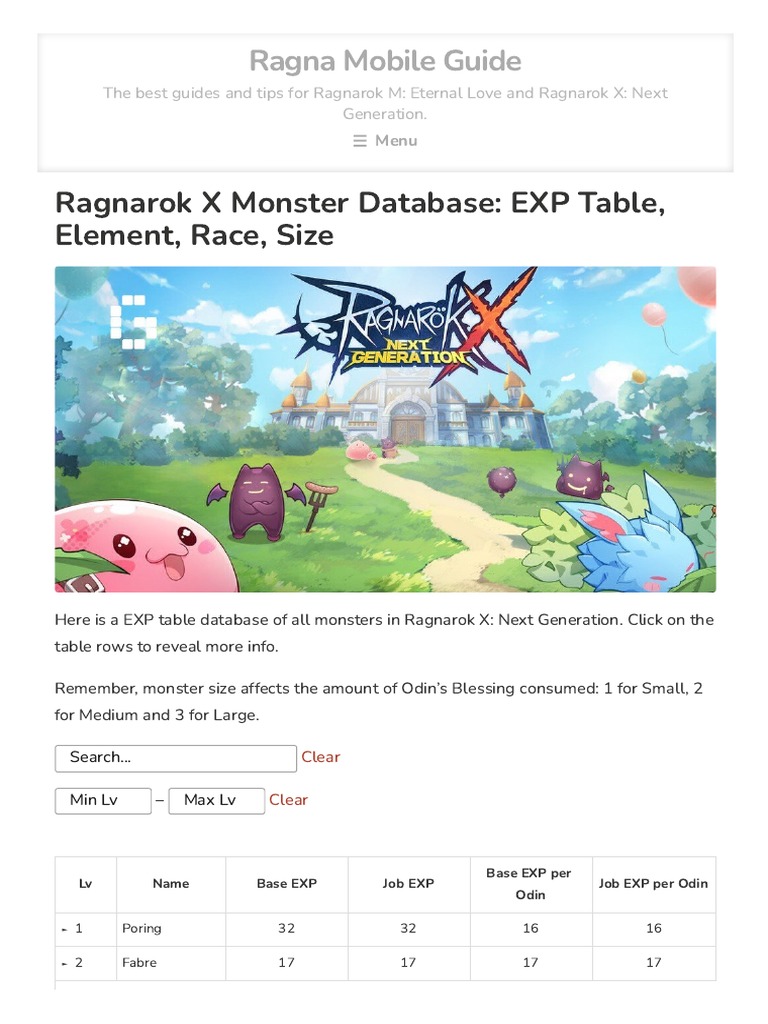 Ragnarok X Monster Database - EXP Table, Element, Race, Size | PDF