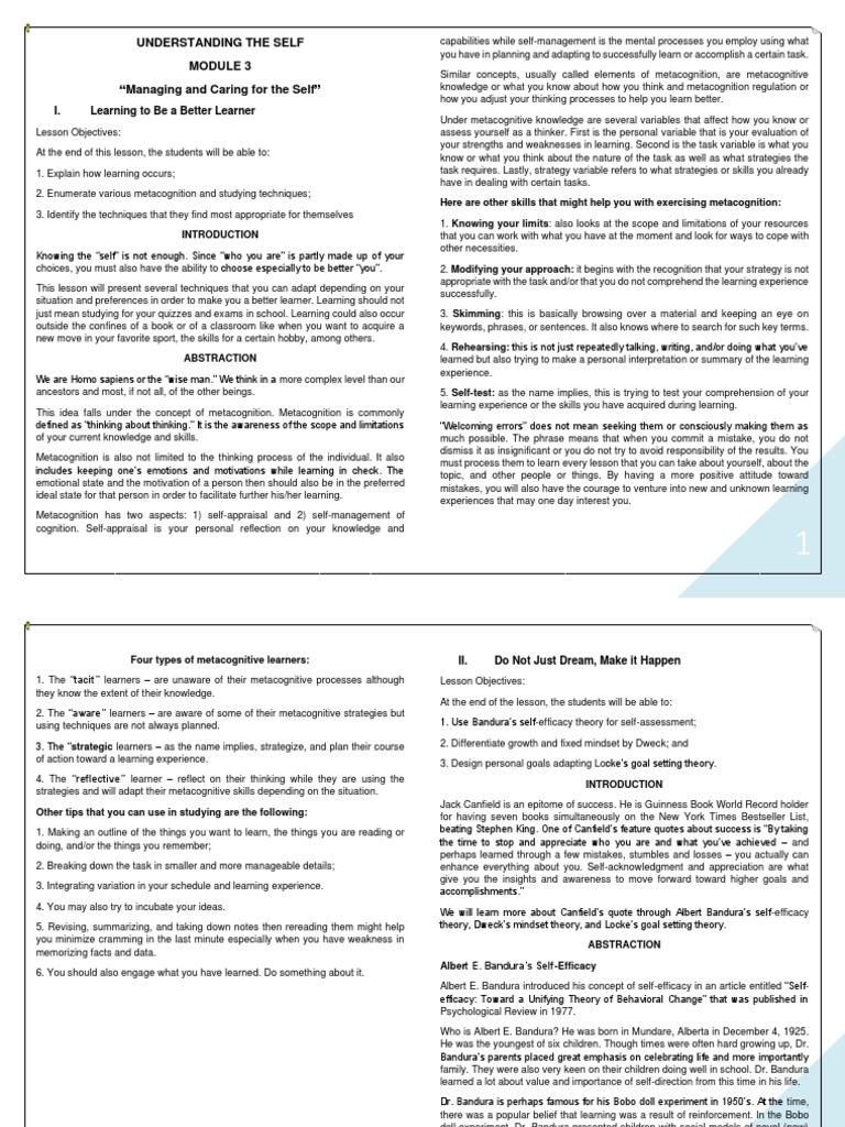 Module 3 - Managing and Caring For The Self | PDF | Self Efficacy ...