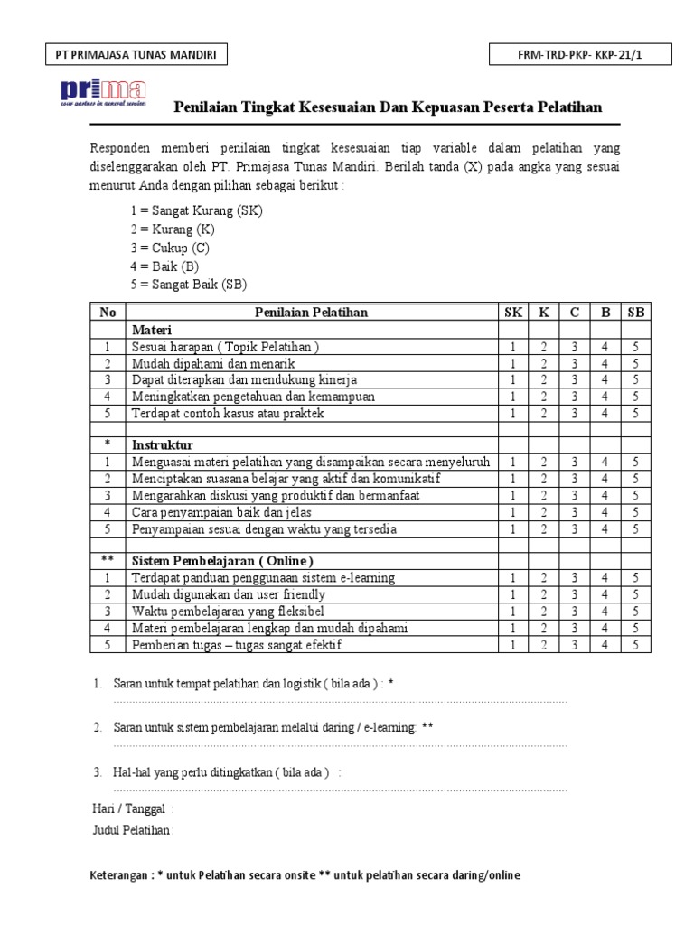 FORM Kuesioner & Survey Penilaian Training Draft Terbaru | PDF
