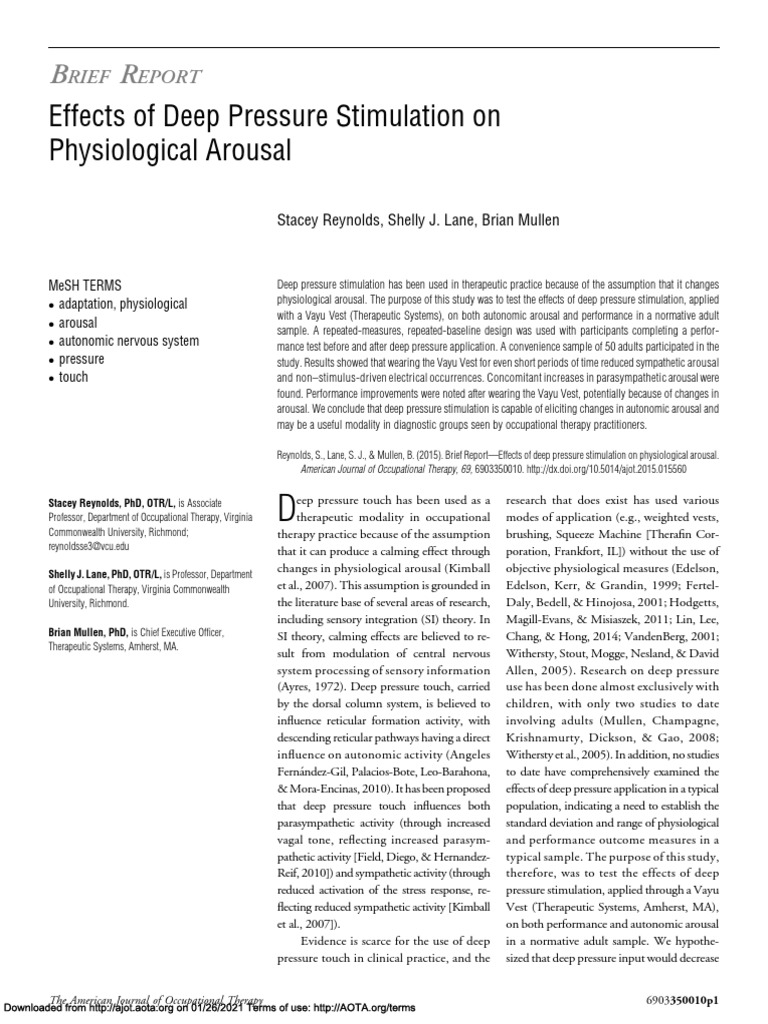 Deep Pressure Stimulation Effects on Arousal | PDF | Autonomic Nervous ...