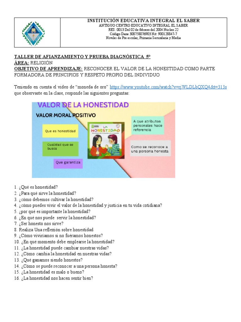 Taller sobre el Valor de la Honestidad | PDF