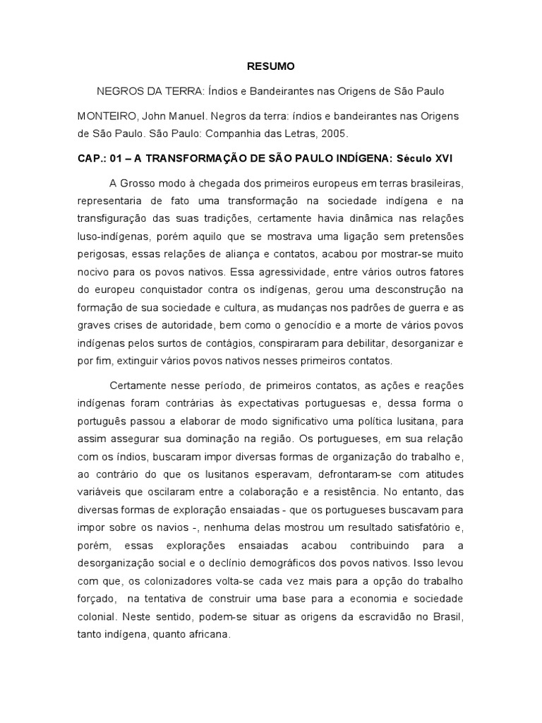 Resumo Do Livro Negros Da Terra - John Manuel Monteiro | PDF | Povos indígenas | Escravidão