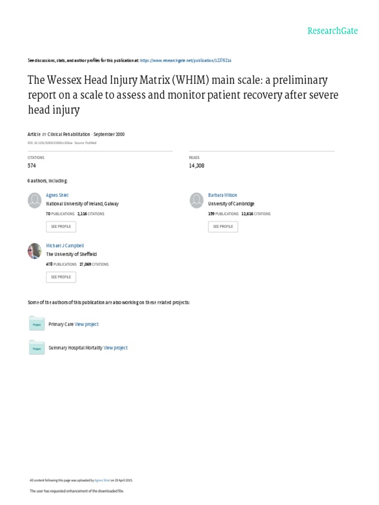 The Wessex Head Injury Matrix | PDF | Traumatic Brain Injury | Coma