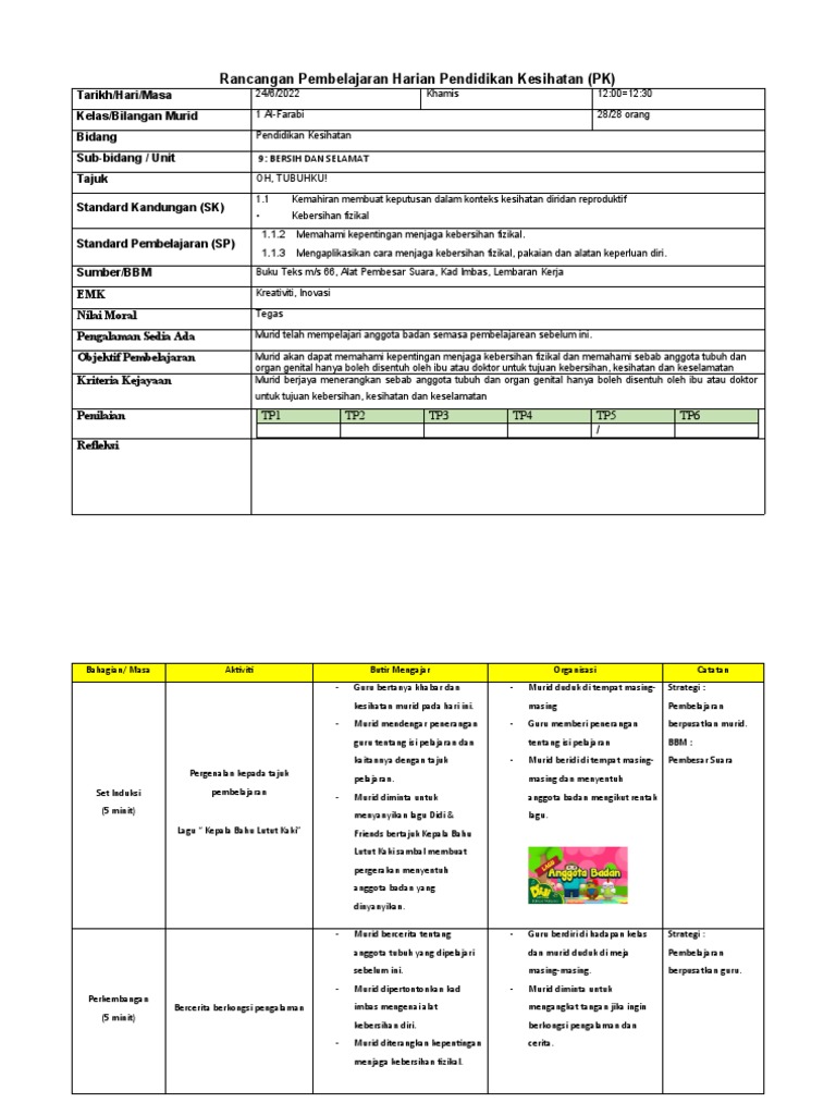 RPH Pendidikan Kesihatan Tahun 1 | PDF