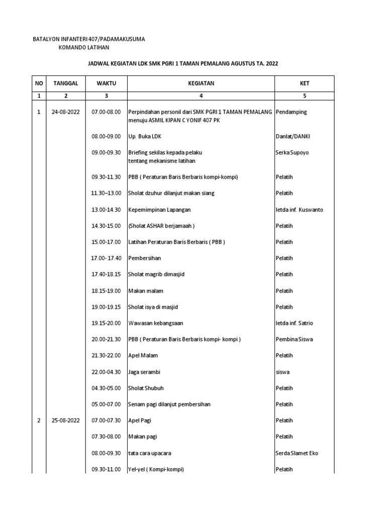 Jadwal Kegiatan LDK SMK Pgri 1 Taman Pemalang Agustus Ta. 2022 | PDF