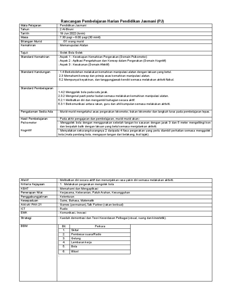RPH Pendidikan Jasmani Tahun 2 | PDF