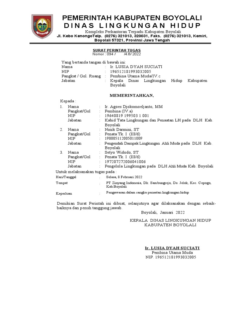Surat Perintah Tugas DLH Boyolali | PDF