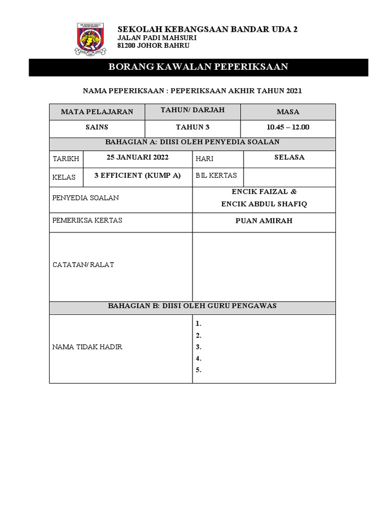 Borang Kawalan Peperiksaan | PDF