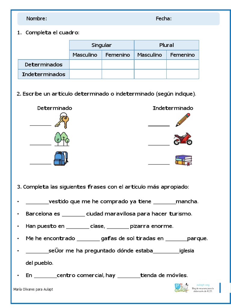 Actividades sobre artículos en español | PDF