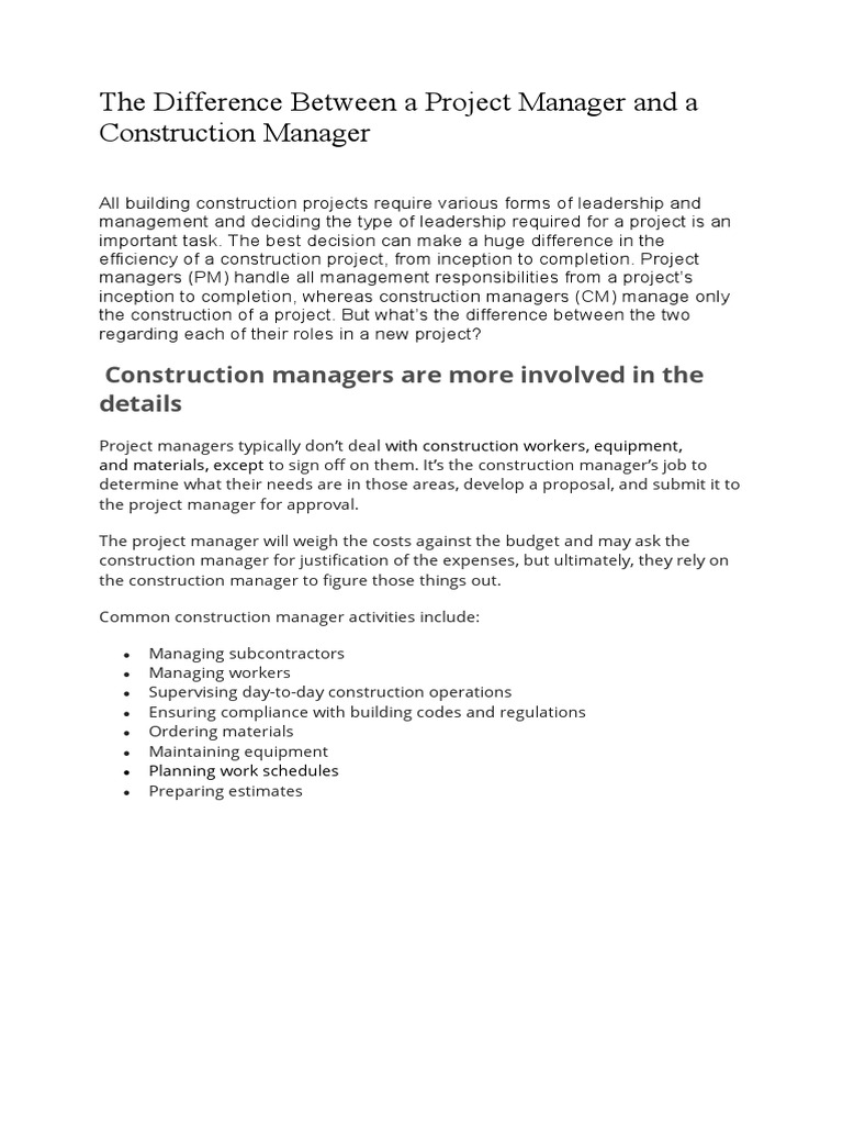 The Difference Between A Project Manager and A Construction Manager ...