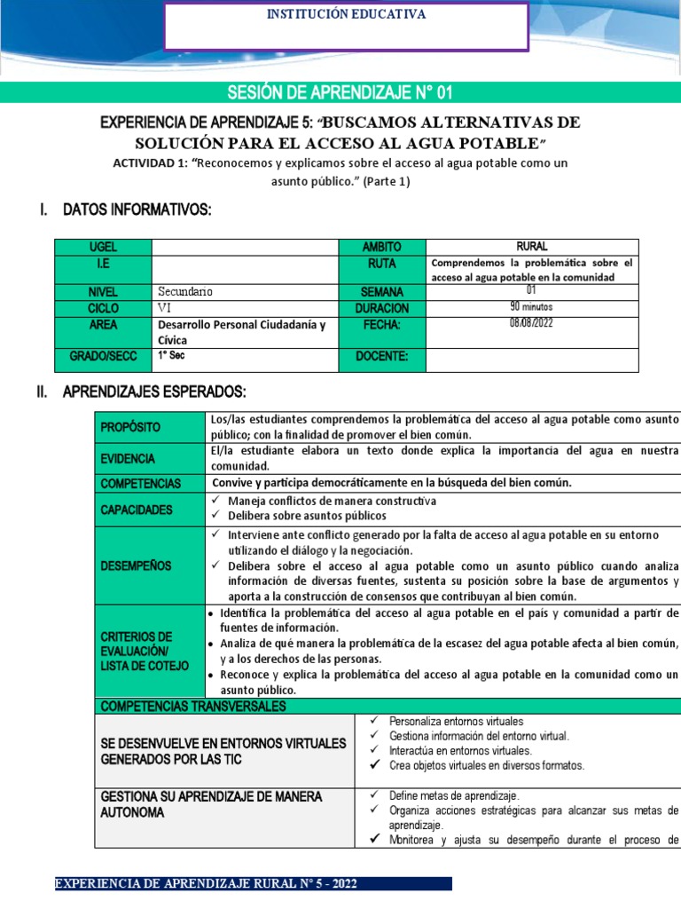 1° DPCC Sesión 1 Exp 5 Rural | PDF | Aprendizaje | Evaluación