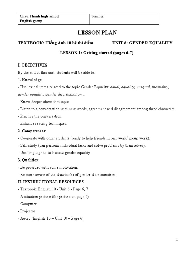 Gender Equality Lesson Plan for Class 11 | PDF | Gender | Gender Studies