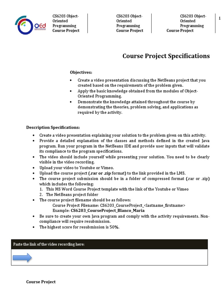 Course Project Specifications: Objectives | PDF | Class (Computer Programming) | Method ...