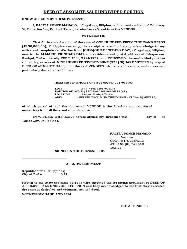 Deed of Absolute Sale Undivided Portion | PDF | Law