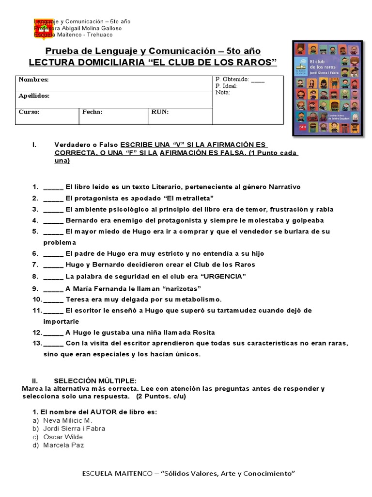 5to - PRUEBA - LECTURA DOMICILIARIA - EL CLUB DE LOS RAROS | PDF