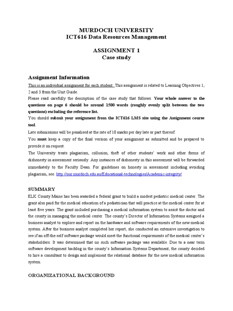 Murdoch University ICT616 Data Resources Management Assignment 1 Case ...