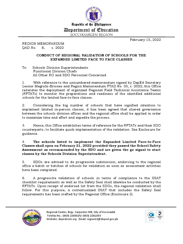 Region Memorandum QAD 8 CONDUCT OF REGIONAL VALIDATION OF SCHOOLS FOR THE EXPANDED F2F CLASSES ...