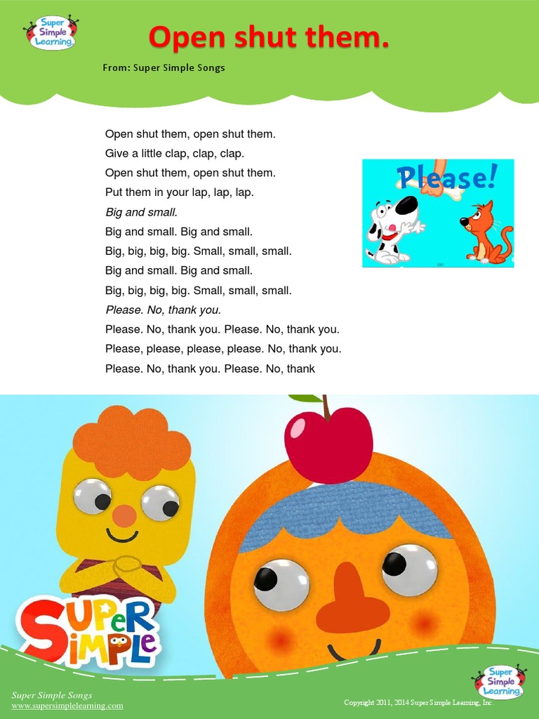 10 Open Shut Them - Lyrics - Flashcards - Worksheet | PDF