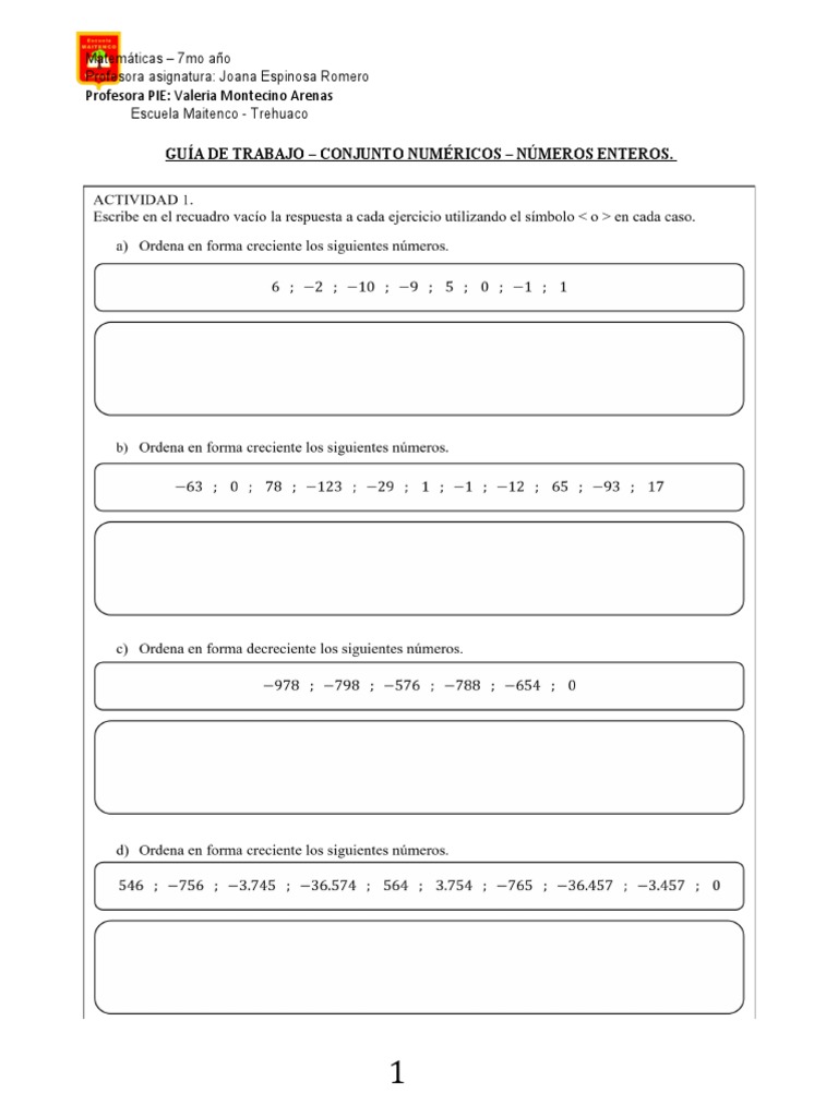 Ejercicios de Números Enteros para 7mo Grado | PDF | Entero | Objetos ...