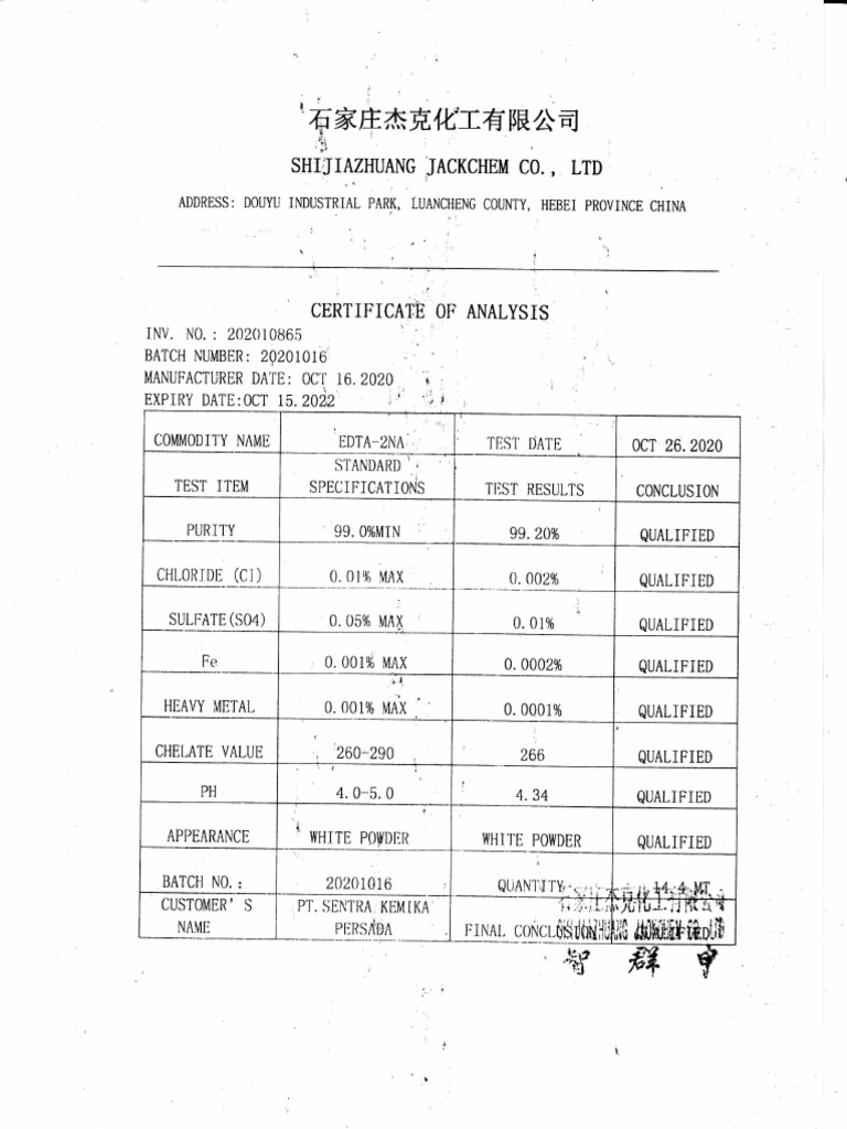 Coa Edta 2 Na (Batch No. 20201016) - 1 | PDF | Chemical Compounds