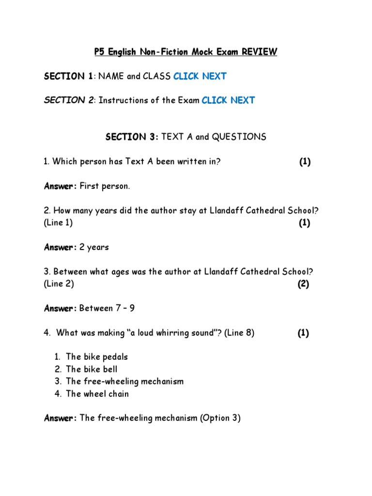 SECTION 2: Instructions of The Exam: P5 English Non-Fiction Mock Exam ...