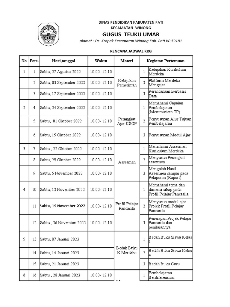 RENCANA Jadwal KKG Dan KKKS 2022 2023 | PDF