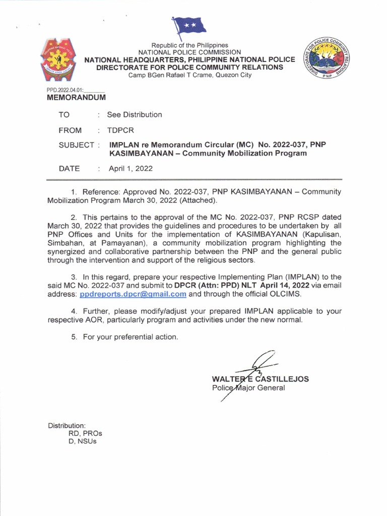 Memorandum Circular (MC) No 2022-037, PNP Kasimbayanan - Community Mobilization Program | PDF