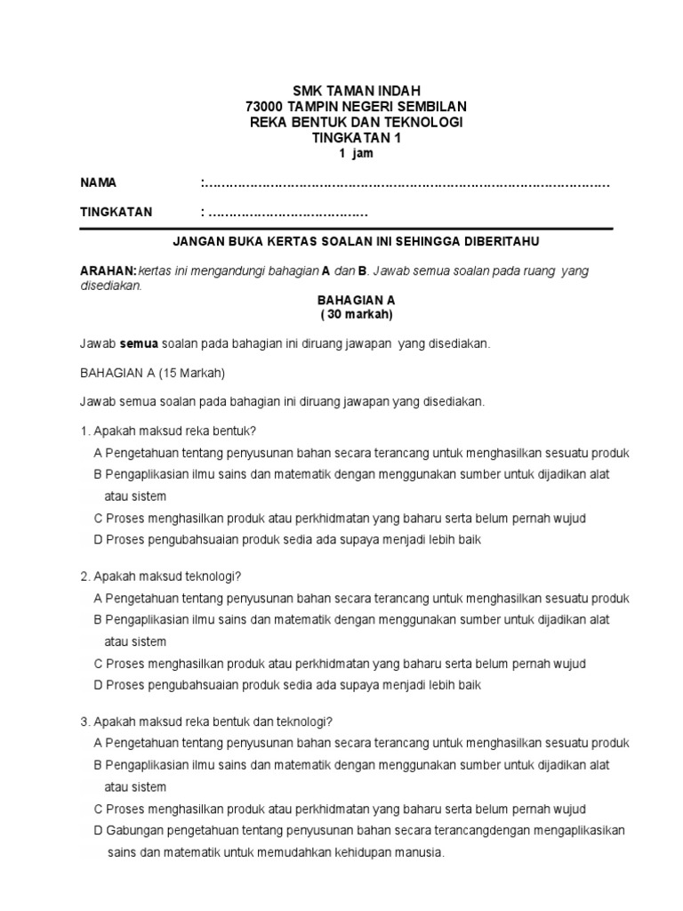 Ujian Akhir Tahun RBT Tingkatan 1 KSSM | PDF