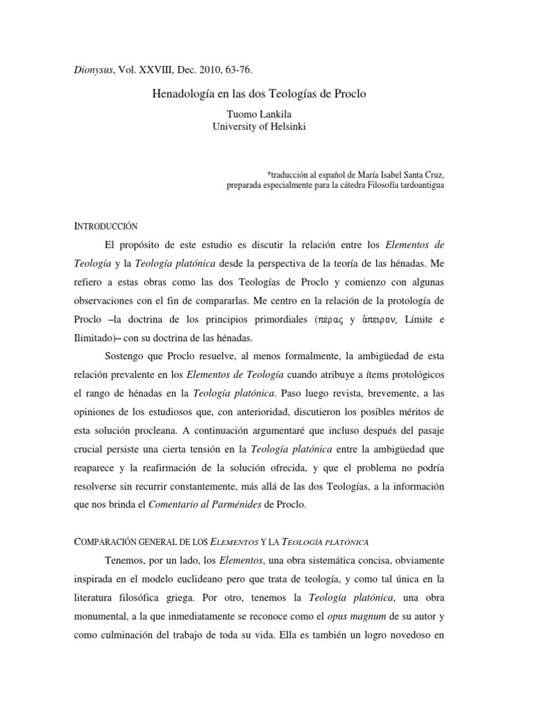 Lankila - Henadología en Las Dos Teologías de Proclo | PDF | Platón ...